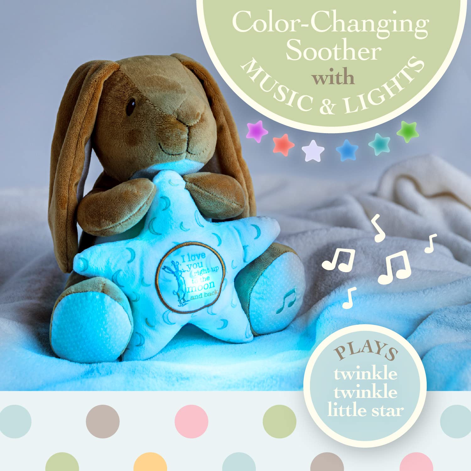 KIDS PREFERRED Guess How Much I Love You - Nutbrown Hare Rabbit Stuffed Animal with Multicolor Soothing Lights and Musical Star Plays Twinkle Twinkle Little Star,
