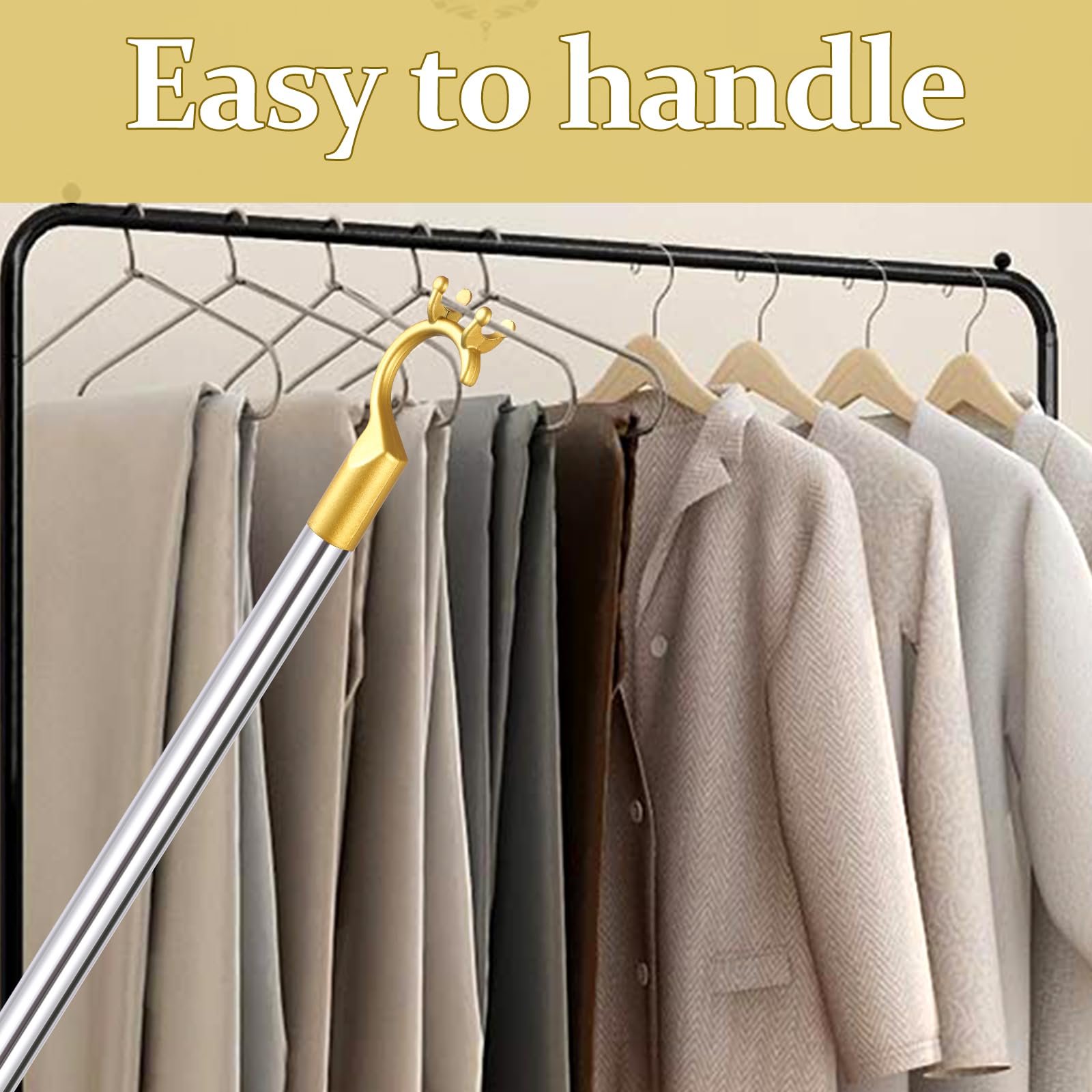 Cagaloi clothes hook pole,56inch adjustable extension pole.High Reach Garment Hook for Hanging Clothes Light and Plants Made of stainless steel, the pole is strong yet lightweight with a sponge handle