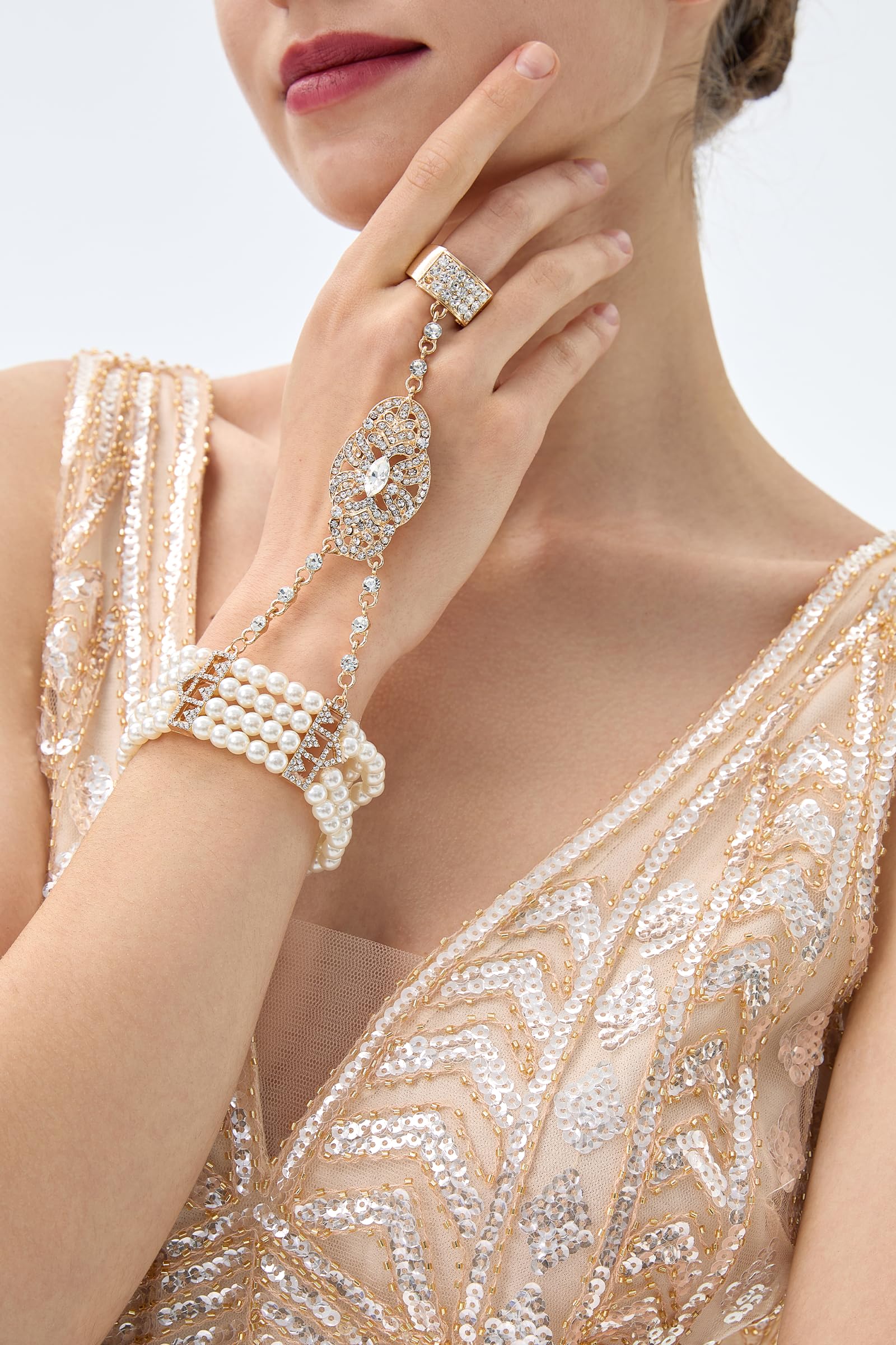 BABAYOND 1920s Flapper Bracelet Ring Set Roaring 20s The Great Gatsby Austrian Crystals Imitation Pearl Bracelet Accessory (Gold)