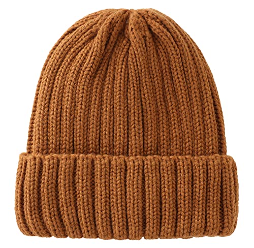Connectyle Knit Beanie Hat for Women Acrylic Winter Hats Ribbed Warm Cuffed Skull Ski Cap Brown