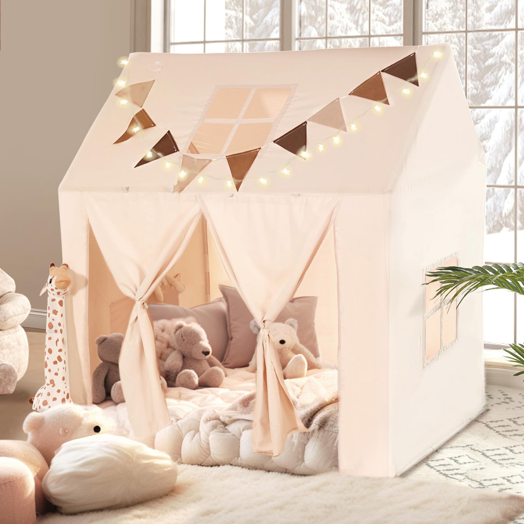 Kids Tent with Mat, Lights and Flags, Play Tent Indoor, Playhouse for Kids Outdoor, Kids Play Tent with Windows and Roll Up Door, 52" x35" x 52", Baby Play Tent for Both Boys and Girls