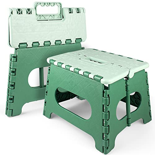 DEDU Folding Step Stool Kids and Adults 2 Pack 9 Inch, Non-Slip Collapsible Stepping Stools for Kids 165 lbs Capacity, Plastic Foldable Step Stools Heavy Duty Portable Great for Bathroom (Green)