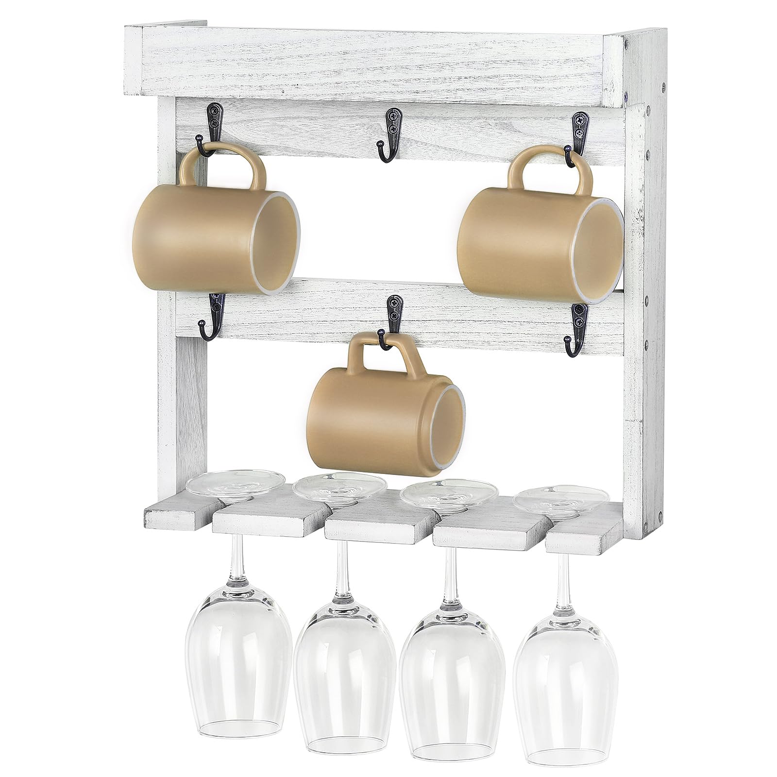 NANANARDOSO Wood Coffee Mug Holder Stand, Wine Glass Rack, Coffee Cup Holder Wall Mounted with 6 Hooks and 4 Stemware, Coffee Mug Rack for Home Kitchen Countertop Display and Collection, White
