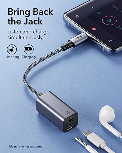 ESR USB C Headphone Adapter, 2-in-1 USB C to 3.5 mm Headphone Jack Adapter with PD Fast Charging, Portable Design, Compatible with Galaxy S22/S21/S20/Note20, iPad Air 5/Mini 6/Pro (2021/2020), Grey