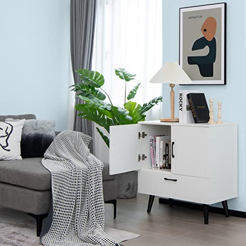 Giantex Storage Cabinet Buffet Sideboard, Accent Cabinet with Doors, Pull-Out Drawer, Freestanding Bathroom Floor Cabinet, Cupboard for Living Room, Entryway Dining Room Bar Cabinet (White)