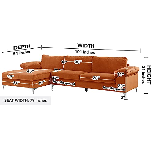 Casa Andrea Milano llc Modern Large Velvet Fabric Sectional Sofa L Shape Couch with Extra Wide Chaise Lounge, Orange