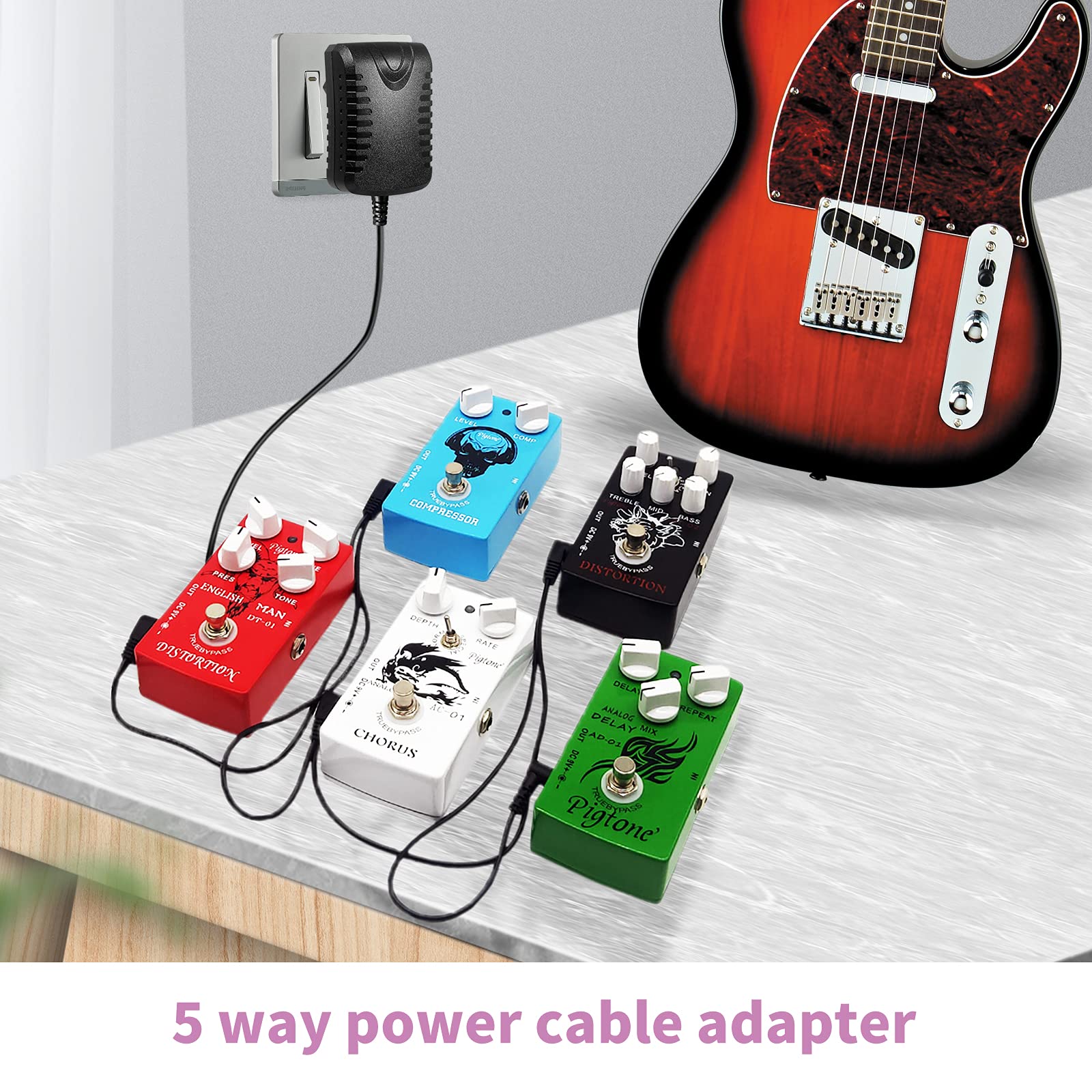 Guitar Pedal Power Supply Adapter 9V DC 1A Tip Negative 5 Way Daisy Chain Cables for Electronic Guitar Effect Pedal