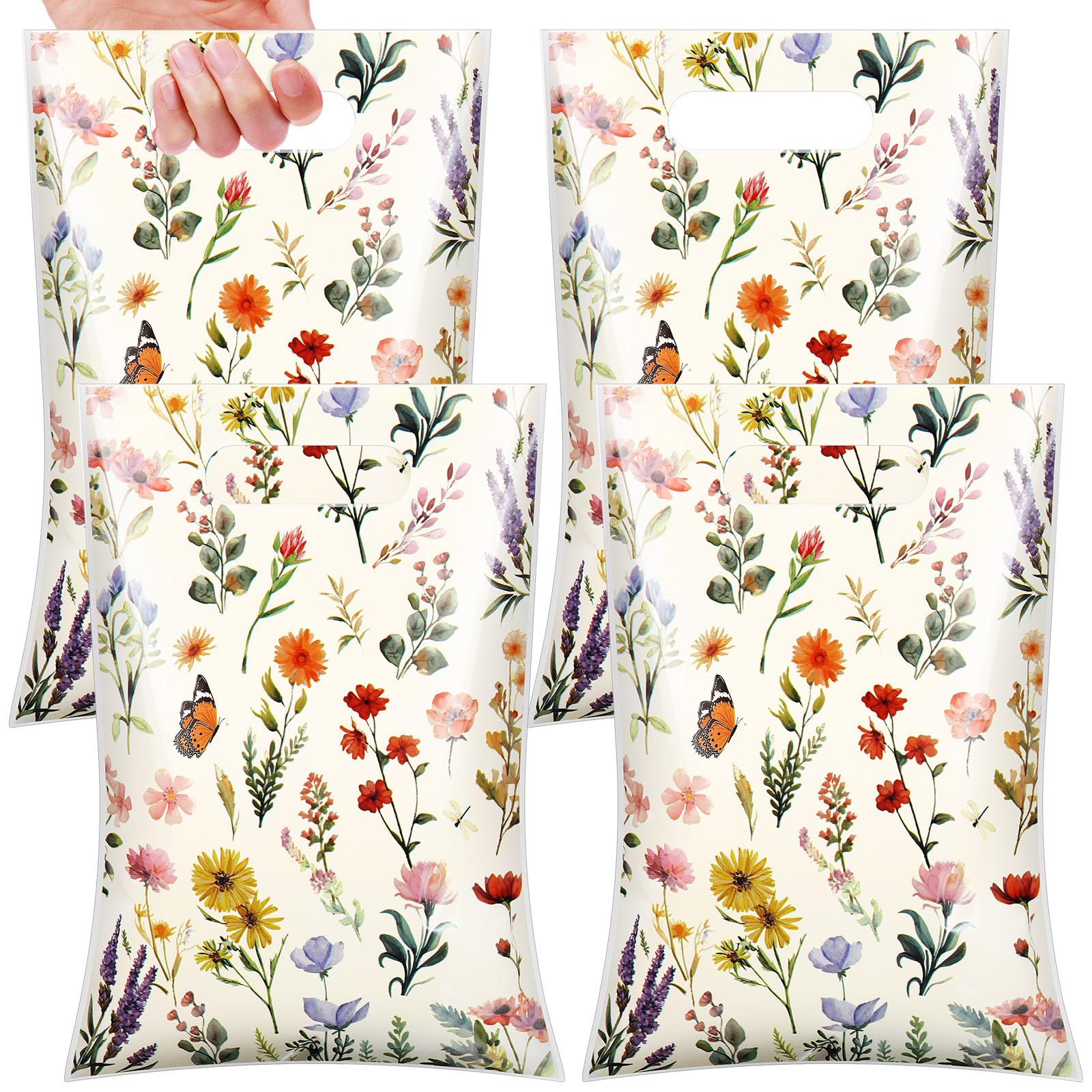 Bulyoou 100 Pcs Wildfloral Gift Bags Vintage Wildflower Print Treat Bags with Handles Decorative Wildfloral Plastic Candy Birthday Present Bags for Mother Wedding Party Supplies(Vintage,Colorful)