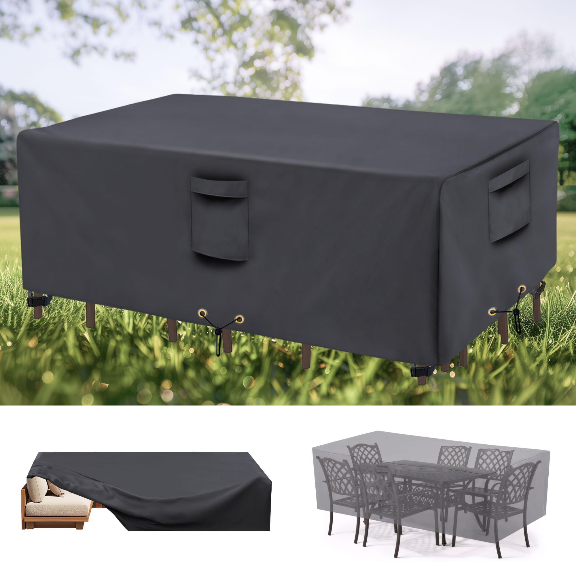 CNCZMH Patio Furniture Covers, Outdoor Patio Chair Covers Waterproof Large, 600D Heavy Duty Table Cover, Outside Dining Table and Chairs Set Covers Rectangular 90X60X24in Grey