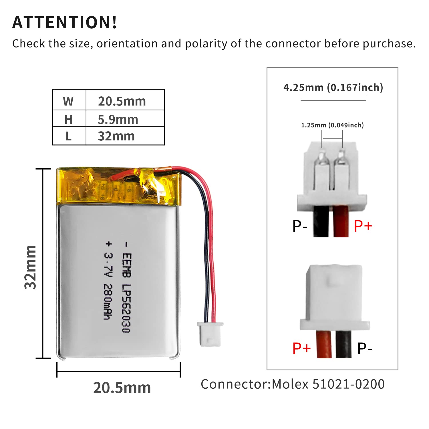 EEMB Lithium Polymer Battery 3.7V 280mAh 562030 Lipo Rechargeable Battery Pack with Wire Molex Connector for Dashcam Bluetooth Speaker - Confirm Device & Connector Polarity Before Purchase