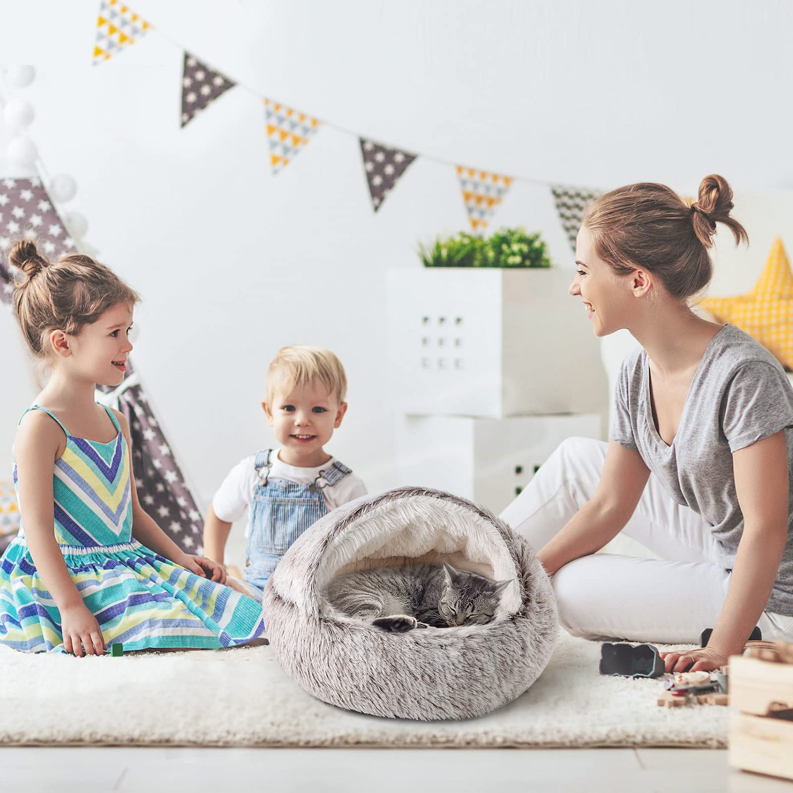 CATISM Cat Bed, Plush Hooded Cat Beds for Indoor Cats, Calming Cat Nest, Self Warming Cat Bed Cave, Cozy Cat Pod for Indoor Cat or Small Dog, Removable Washable Cat Cove with Non-Slip Bottom
