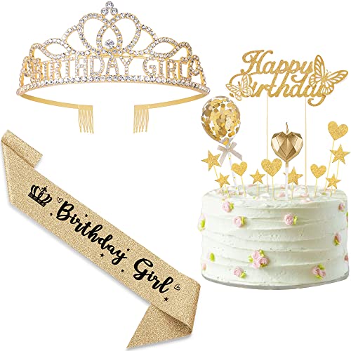 HiStock Happy Birthday Decoration Set for Girl, Birthday Girl Gold Sash Crown Tiara Candles Cake Topper Birthday Party Favors for Girl Girlfriend Daughter