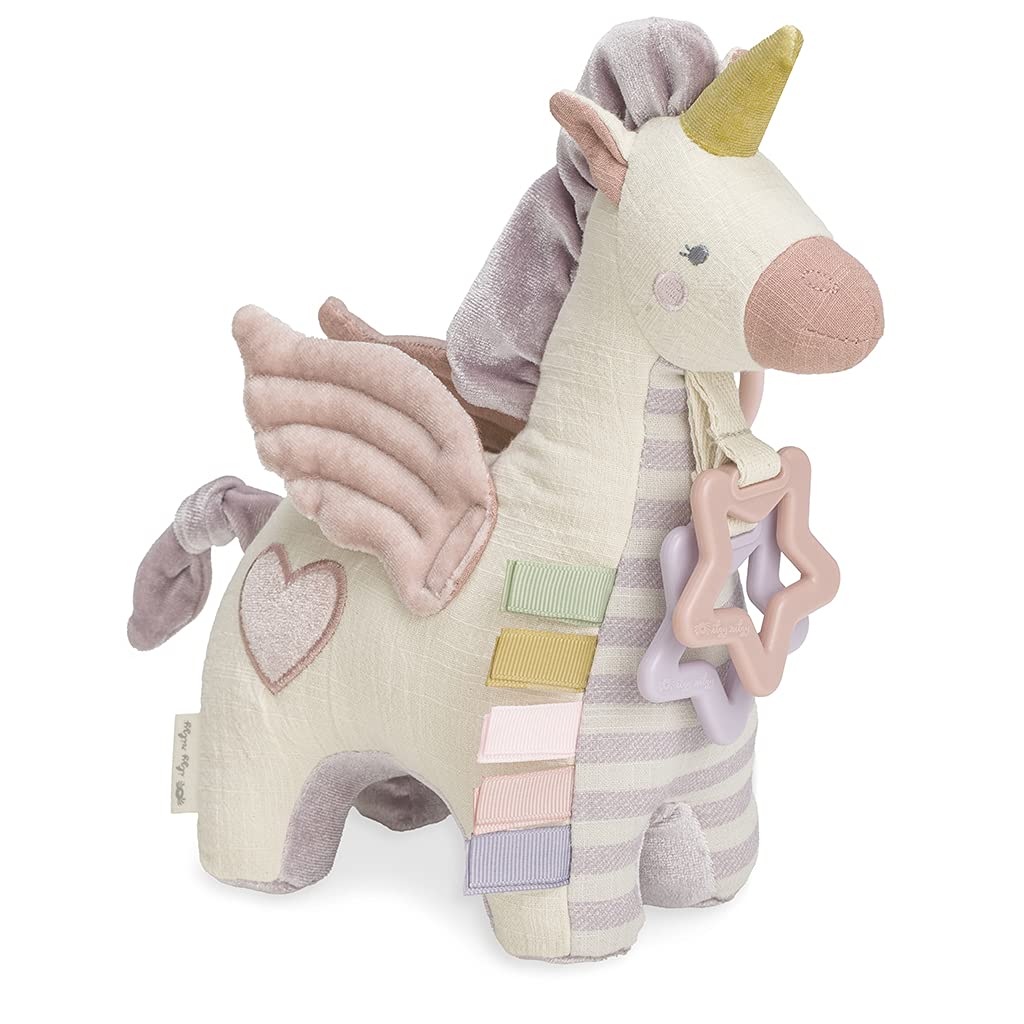 Itzy Ritzy Bitzy Bespoke Link & Love Activity Toy for Stroller - Baby Car Seat Toy for Infants & Up, Features Crinkle Sounds, Clinking Rings, Grosgrain Ribbons & Textured Materials (Dinosaur)