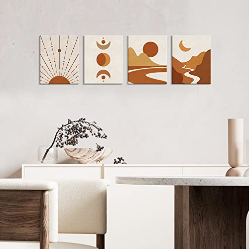 Creoate Boho Wall Art, 4 Pieces Mid Century Wall Art Sun Moon Boho Canvas Print Framed Set Artwork for Living Room Bedroom Wall Decor