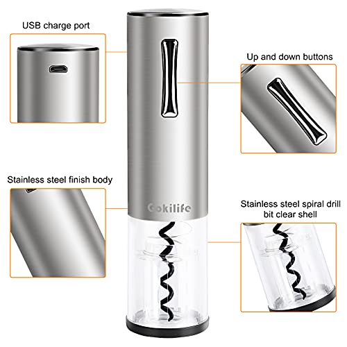 Gokilife Electric Wine Opener, Automatic Rechargeable Wine Bottle Corkscrew Opener with Foil Cutter, One-click Button Wine Bottle Openers with LED Light for Home Party Restaurant (Silver01)