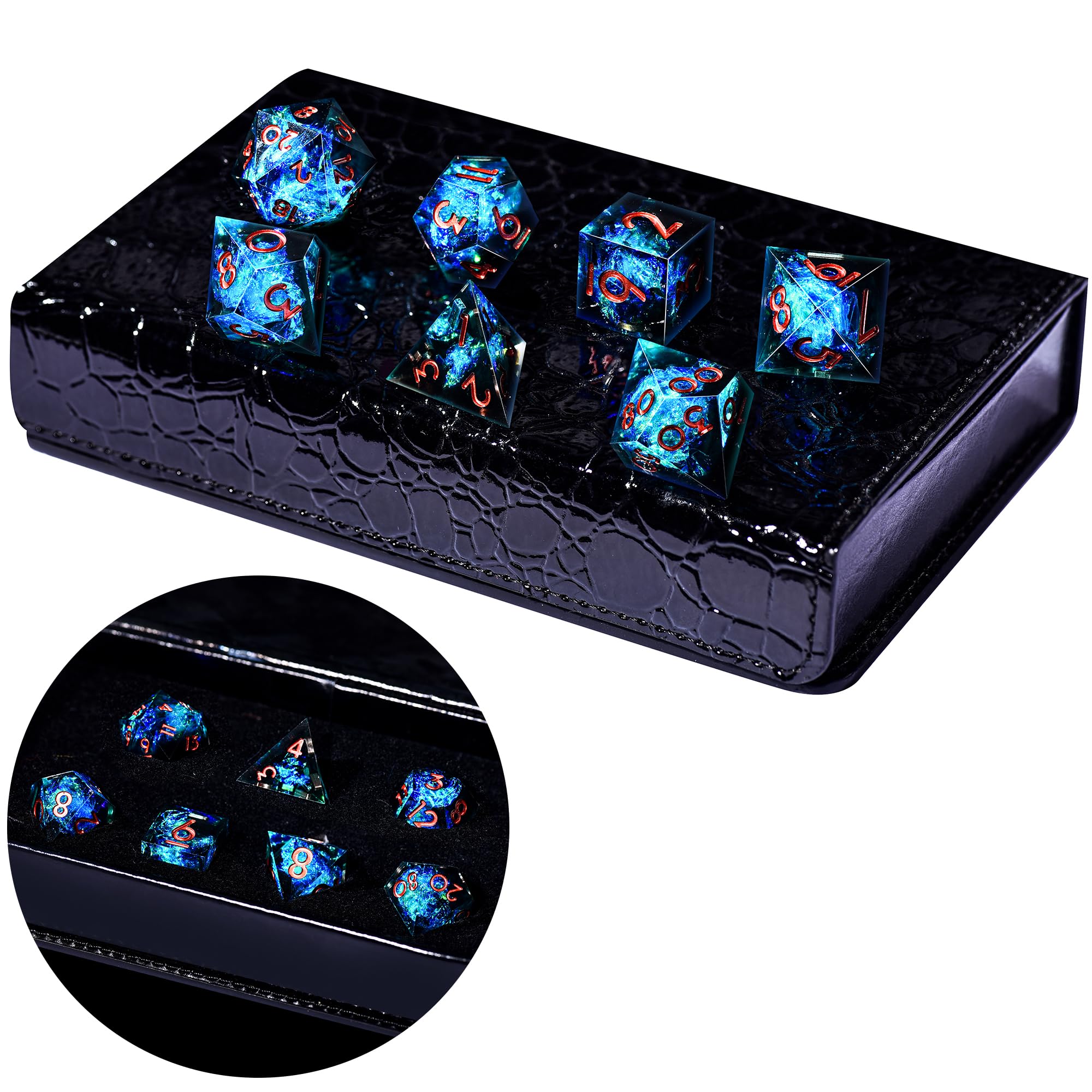 AUSTOR 7-Die DND Dice Set, Handmade Sharp Edge Polyhedral Dice for Dungeons and Dragons RPG MTG Table Games(Black & Blue)