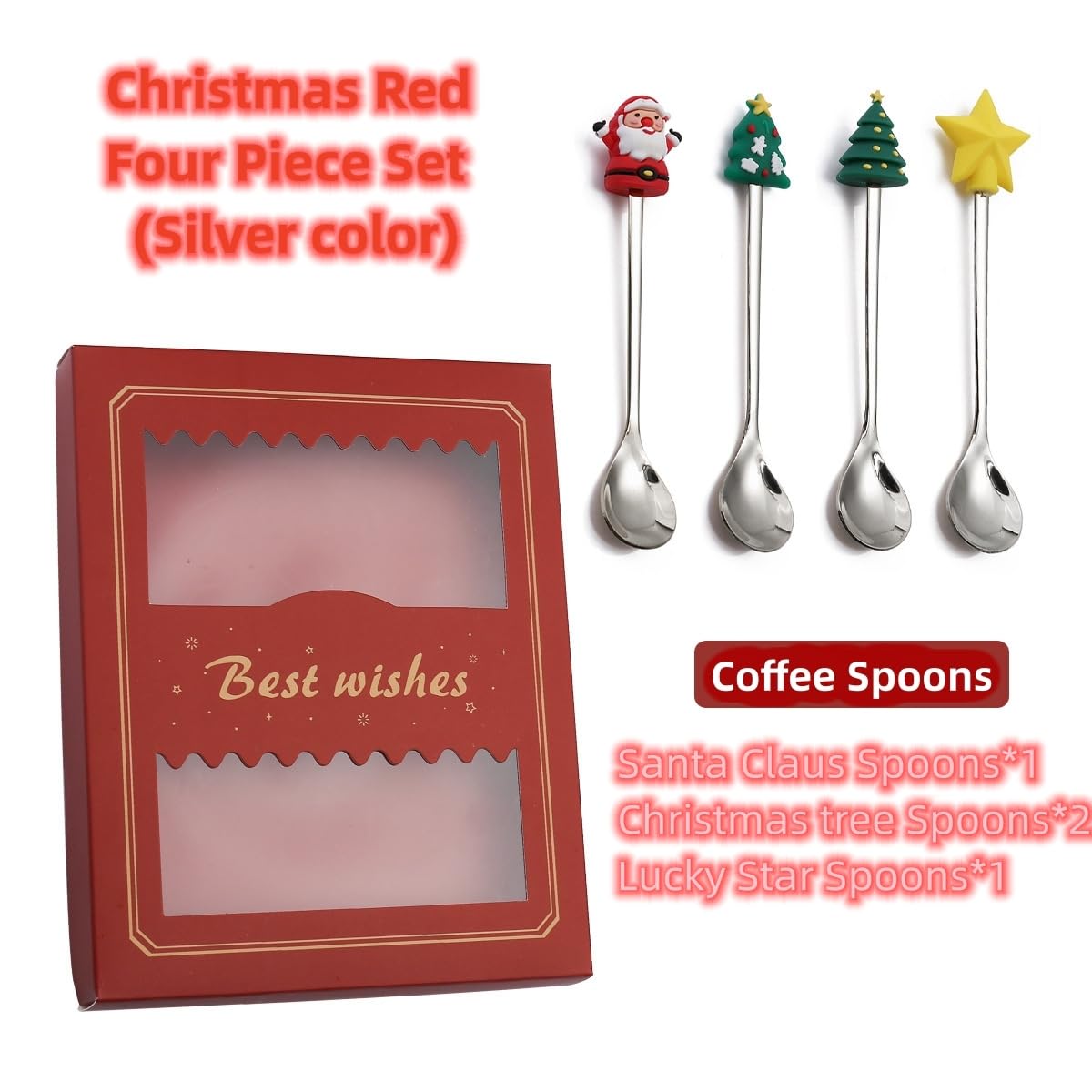 Christmas Coffee Spoons Coffee Stirrers Cake spoon Premium Stainless Steel Ice Tea Spoons, Ice Cream Spoon, Cocktail Stirring Spoons Set of 4(Silver colorr)