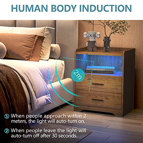 dnbss Brown Nightstand with Charging Station, Smart Bedside Table with 24-Color RGB LED Lights, Charging Nightstand for Bedroom, Modern End Side Table for Living Room Office