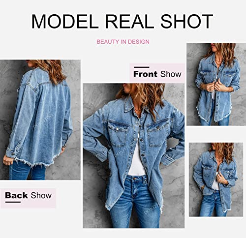 Dokotoo Women's Washed Boyfriend Oversized Lapel Button Up Long Sleeve Denim Trucker Jacket Distressed Ripped Denim Jackets Fashion Distressed Jean Jacket for Women with Pockets, (US 8-10) M,Sky Blue