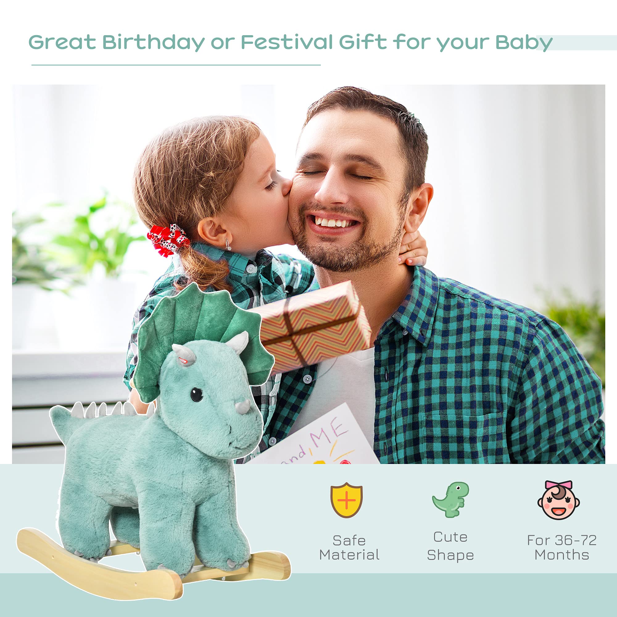 Qaba Kids Plush Ride-On Rocking Horse Triceratops-Shaped Plush Toy Rocker with Realistic Sounds for Child 36-72 Months Dark Green