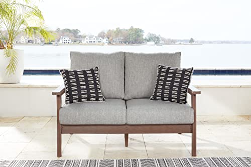 Signature Design by Ashley Emmeline Classic Outdoor HDPE Wood Look Framed Cushioned Loveseat, Beige & Gray