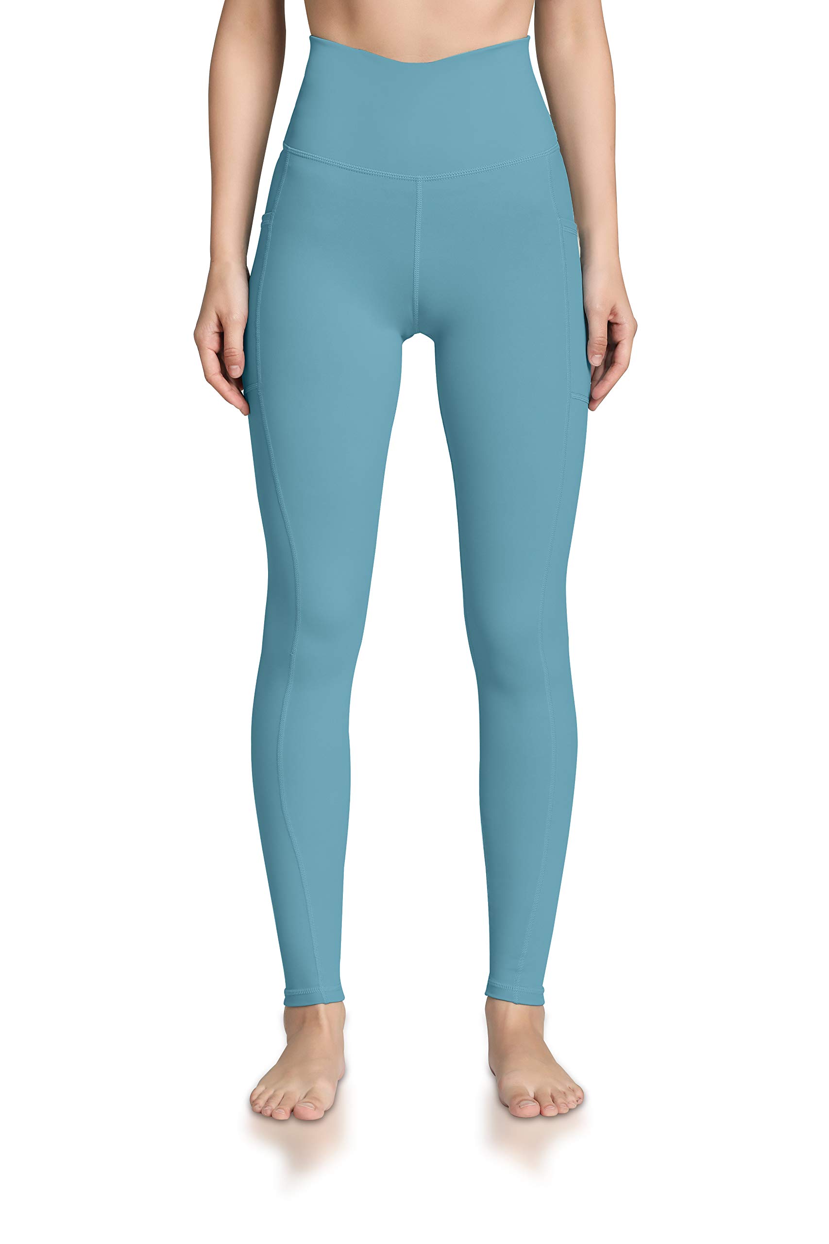 azuza High Waist Yoga Workout Pants Pattern TIK tok Scrunch Tummy Control Sliming Leggings with Pockets for Women Sky Blue
