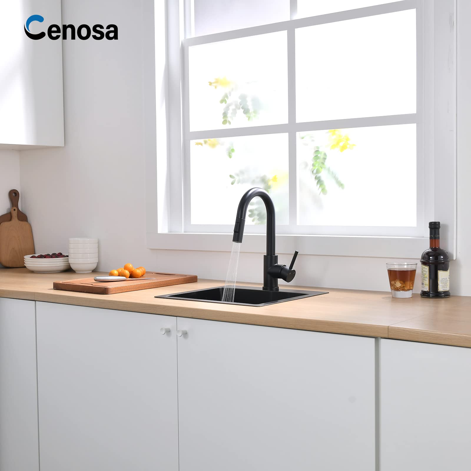 Cenosa Modern Bar Sink Faucet for Kitchen Sink Single Handle with Pull Out Sprayer Hot and Cold Prep Sink Faucet Matte Black