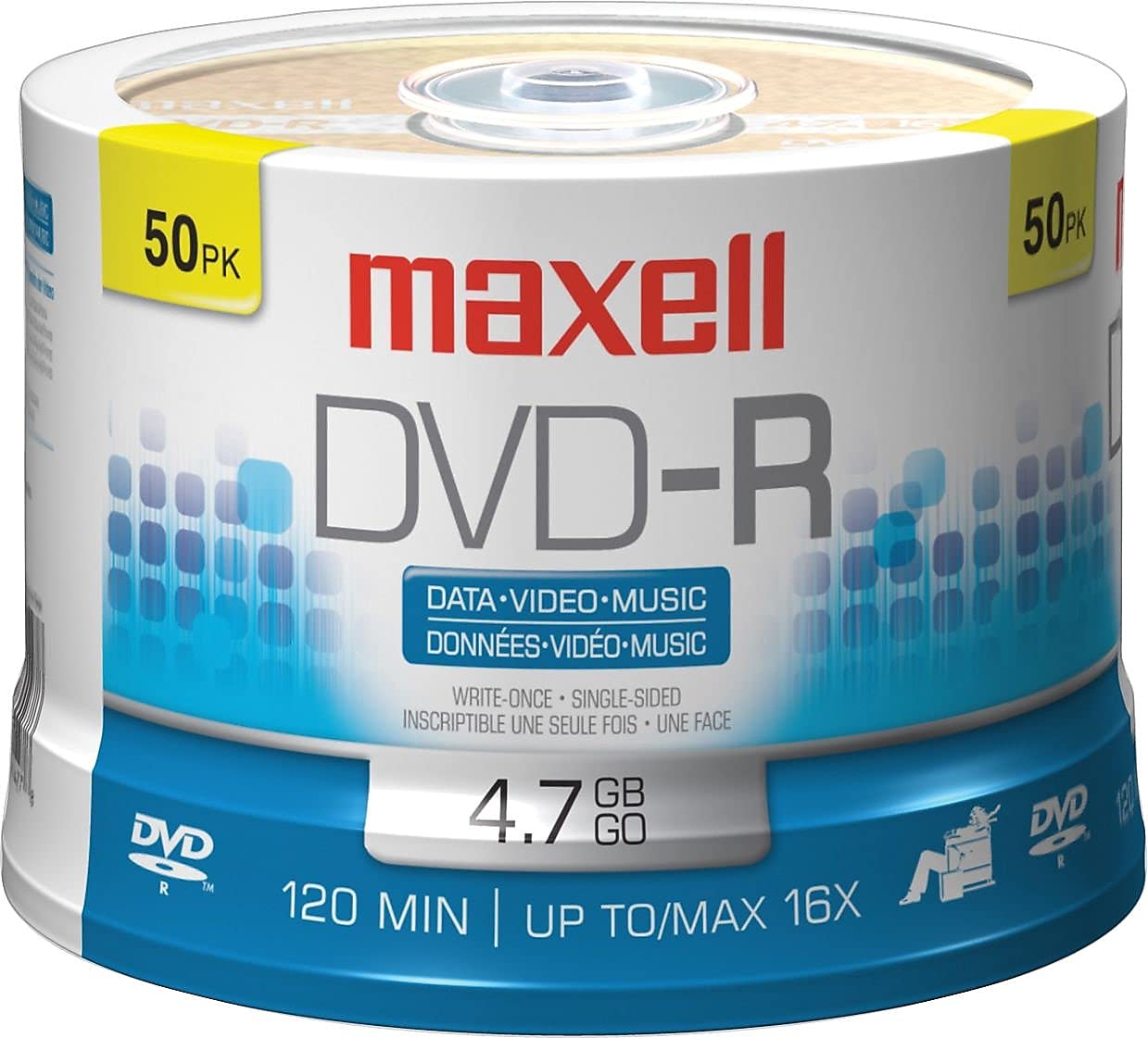 Maxell 638011 DVD-R Discs, 4.7GB, 16x, Spindle, Gold, 50/Pack
