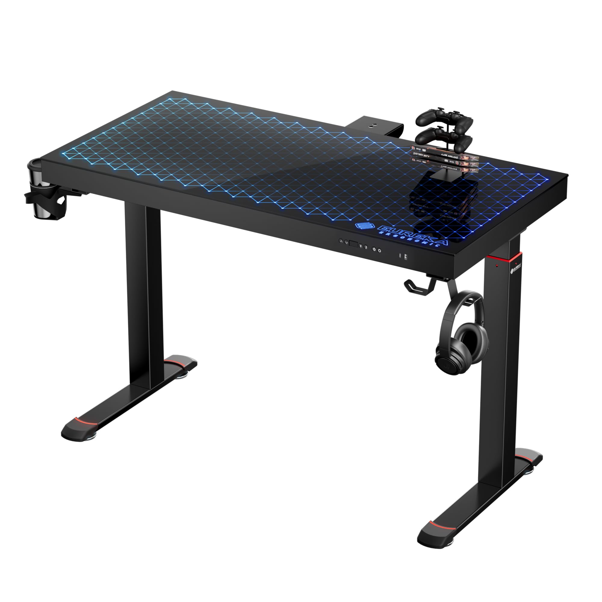 EUREKA ERGONOMIC RGB Glass Gaming Desk, Music Studio Desk, 47 Inch Adjustable Height Computer Desk Music Sensing LED Sit Stand Desk for Home Office Gamer w Dual Motors,USB Ports, APP Control