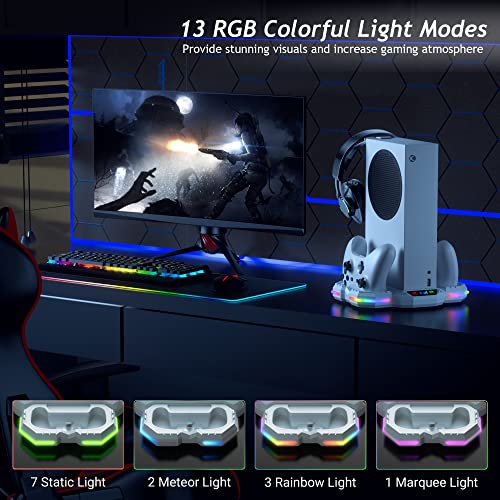 Cooling Stand with Controller Charging Station for Xbox Series S, ZAONOOL Dual Charger Dock & Cooling Fan for Console Accessories with 13 RGB LED Light, 2*Rechargeable Battery, Headset Hook & USB Port