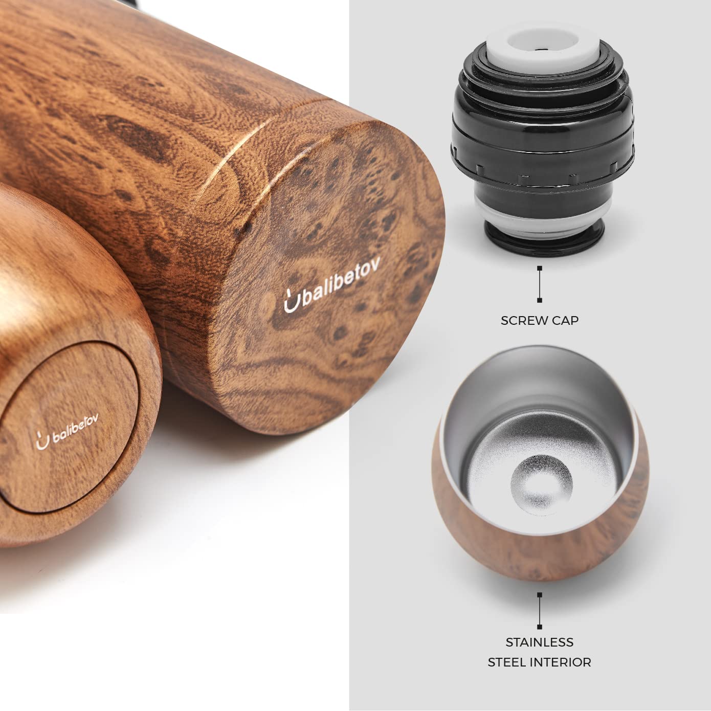 BALIBETOV Complete Yerba Mate Set - Modern Mate Gourd, Thermos, Bombilla and Cleaning Brush Included - All Premium Quality 304 18/8 Stainless Steel (Wood)