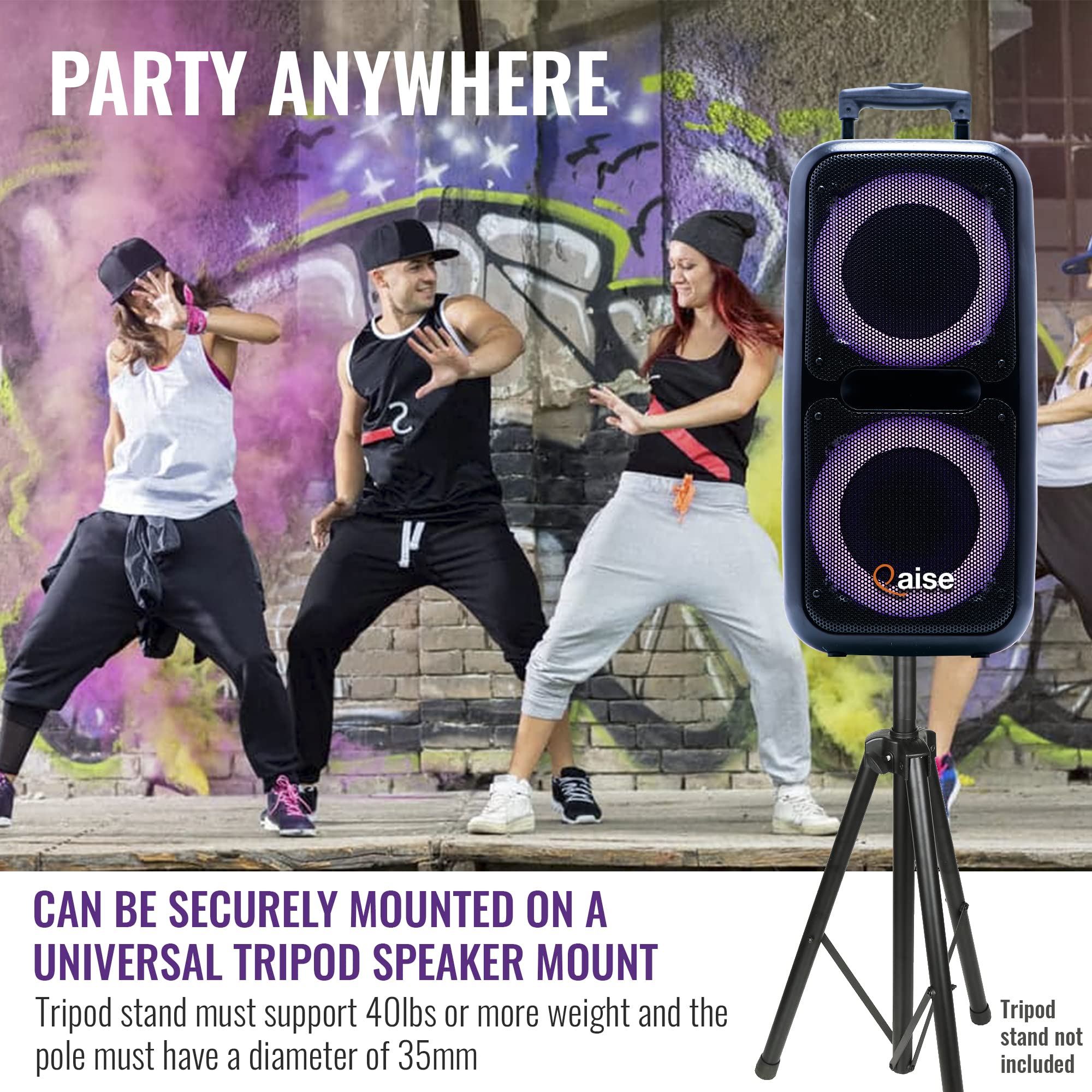 QAISE Portable Bluetooth Speaker & Karaoke Machine - Portable PA System with Wireless Mic, Professional Dual 10β Subwoofer with Lights, 7h Play time, 5000 Watts Peak Power - SonicBoomer X-BASS
