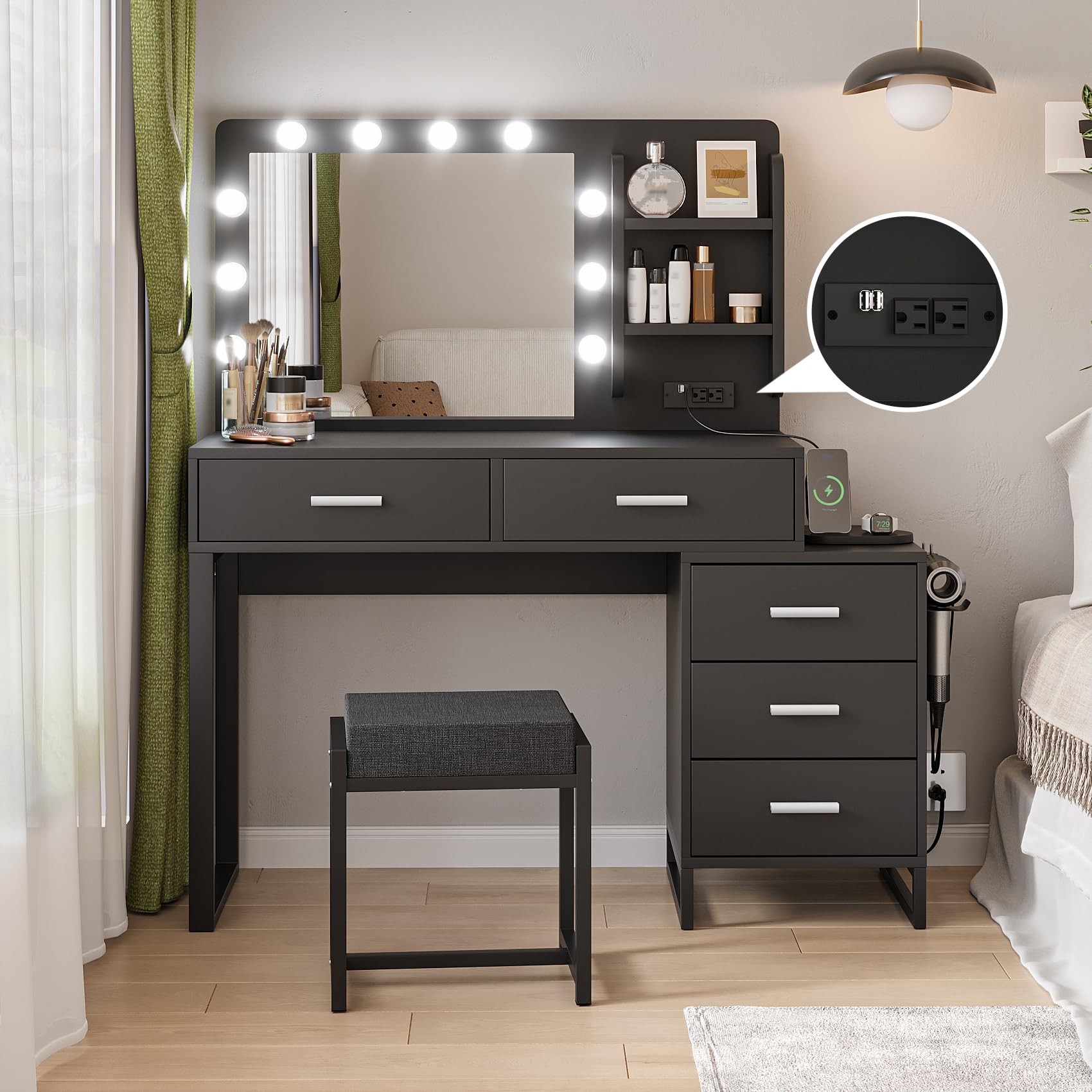 Semiocthome Vanity Mirror with Lighted Mirror and Power Strip 10 LED Lights Makeup Vanity Desk with Storage Shelves and Cushioned Stool, 5 Drawers Large Capacity Dressing Table for Bedroom-Black
