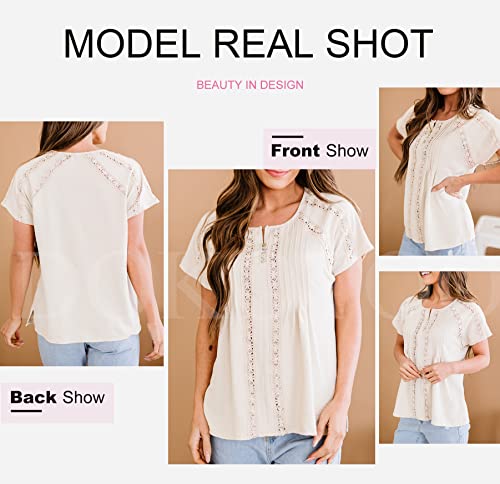 Dokotoo Womens Ladies 2023 Summer Sexy Lace V Neck Eyelet Short Sleeve Boho Shirts Spring Casual Loose Solid Chiffon Blouses for Women Tops Apricot 1X Large
