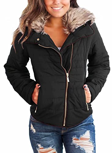 Dokotoo Womens Casual Ladies Winter Faux Fur Collar Zip Up Open Front Quilted Puffer Jacket Coat Outerwear with Pockets Black Small
