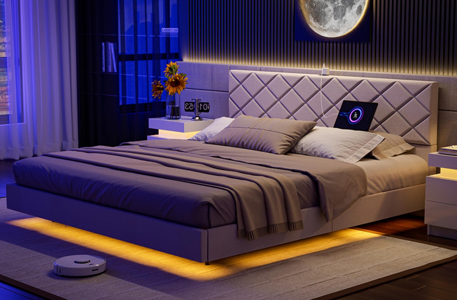 IKIFLY Floating Bed Frame Full Size with 2 USB Ports - Modern Upholstered Linen Full Platform Bed with LED Lights, No Box Spring Needed, Solid Wood Slats, Easy Assembly - Beige