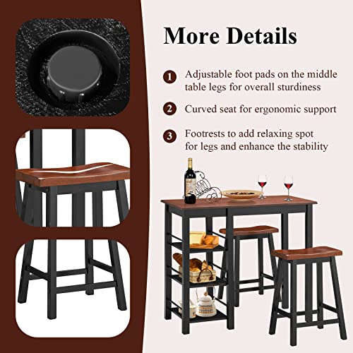 COSTWAY 3 Pieces Pub Table and Chair Set, Counter Height Dining Table Set with 2 Stools and 3 Storage Shelves, Industrial Wood Kitchen Table Set for Bar Bistro, Living Room, Restaurant