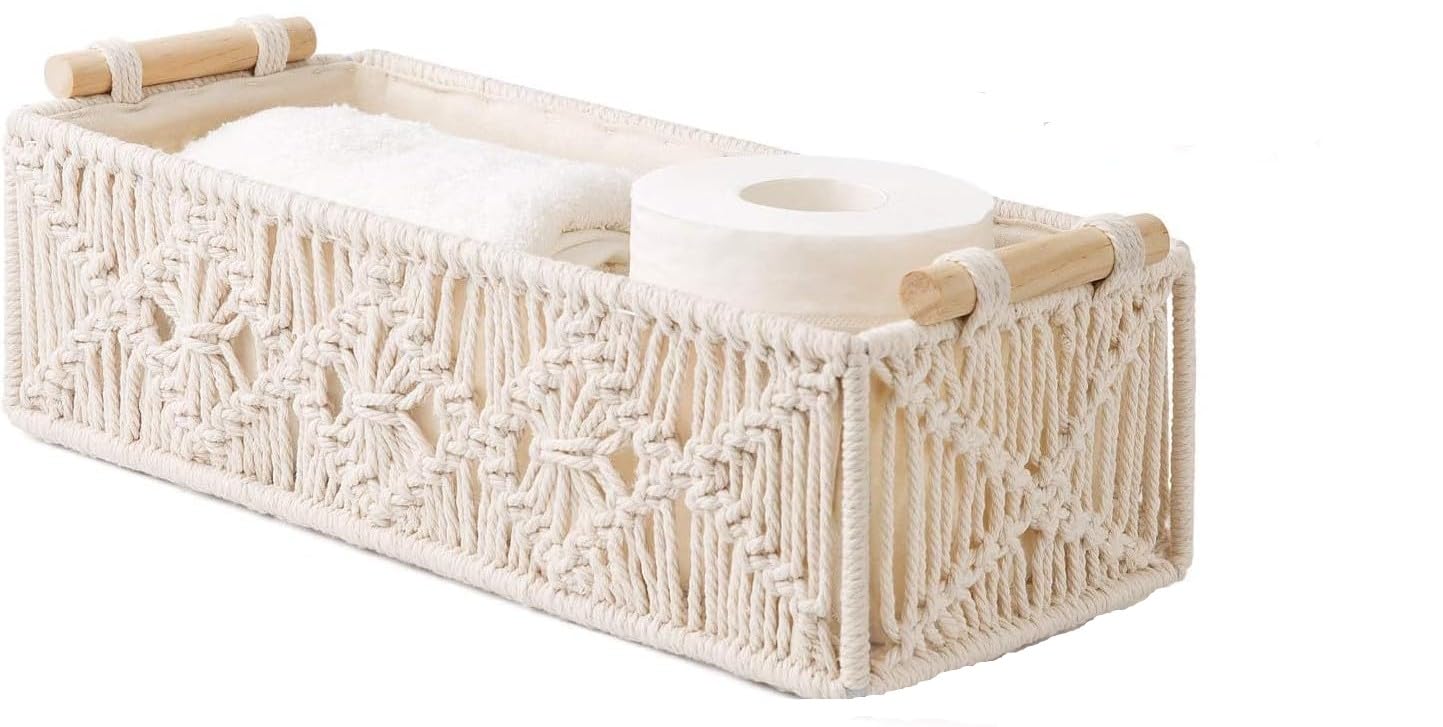 Macrame Storage Basket Boho Decor Baskets for Organizing Woven Decorative Basket for Countertop Toilet Paper Basket for Toilet Tank Top Shelf Basket with Handle for Bathroom Decor Nursery