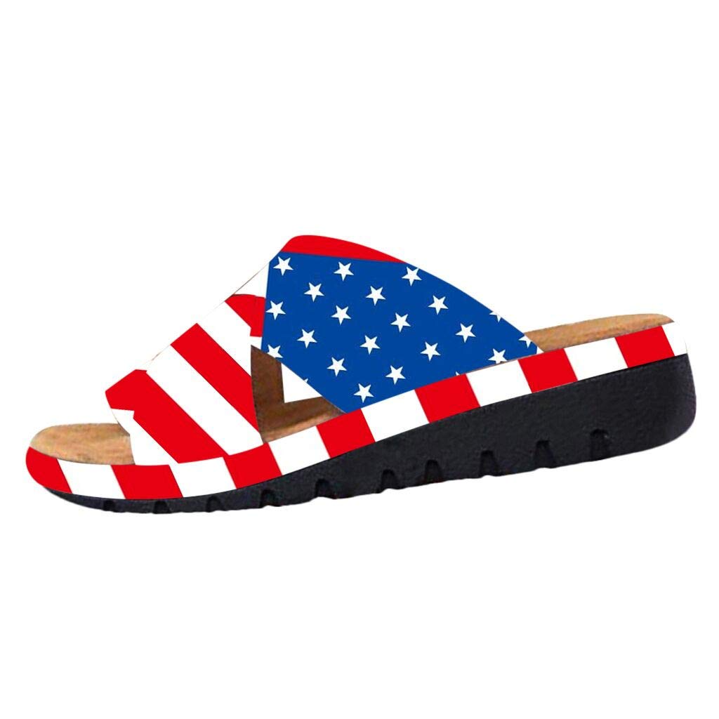 HunYUN Women Flag Print Summer Sandals Thick Bottomed Sandal Shoes Wedge Heel Sandals Clip Toe Summer Beach Shoes