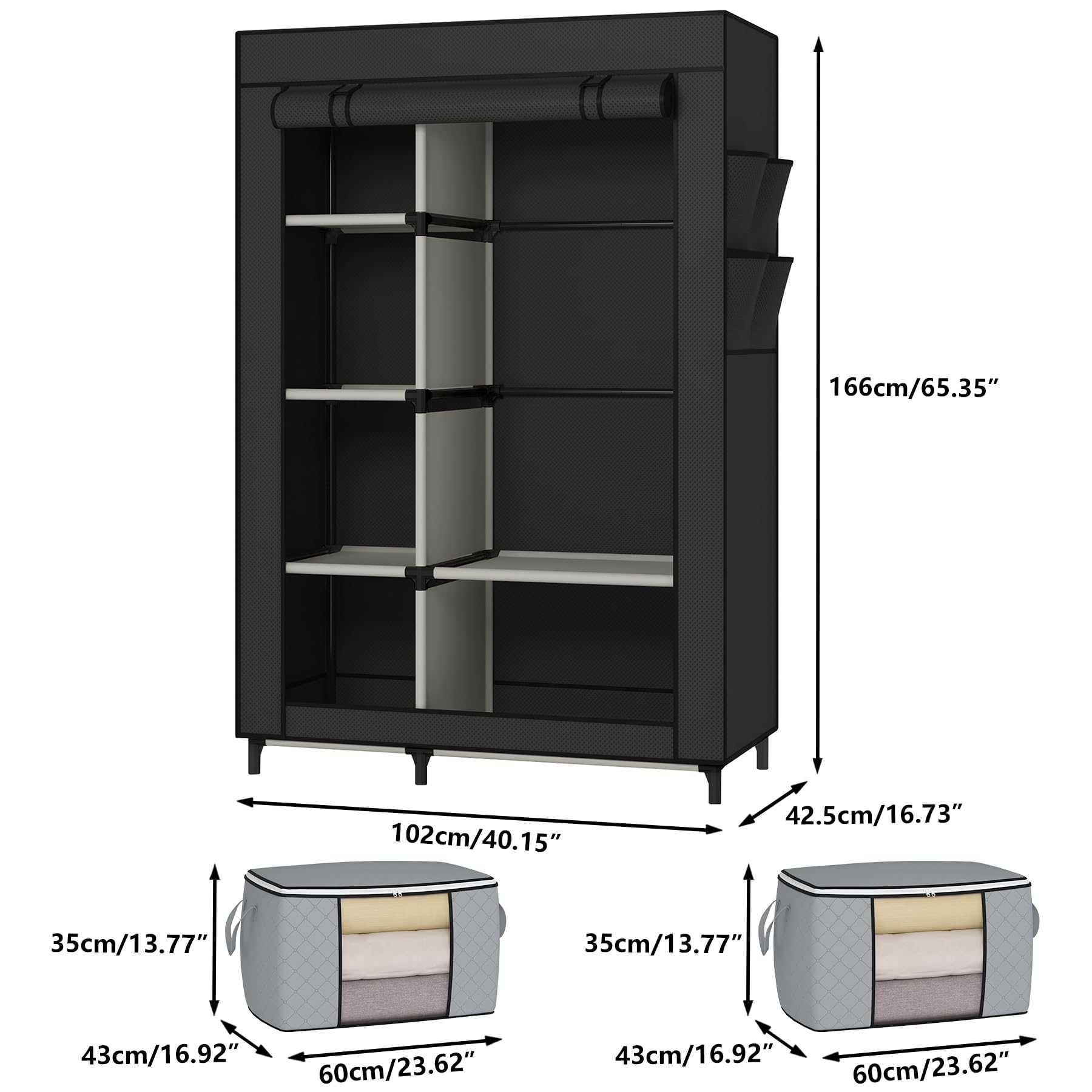 Calmootey Portable Closet, Wardrobe with 6 Shelves and Hanging Rod, Storage Organizer for Bedroom, Non-Woven Fabric Cover with 4 Side Pockets, Includes 2 Storage Bags for Clothes, Black