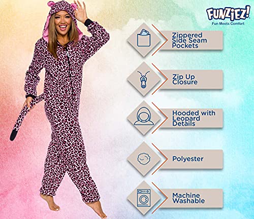 Funziez! Womens Slim Fit Leopard One Piece Animal Costume - Comfortable Jumpsuit (Pink, Medium)