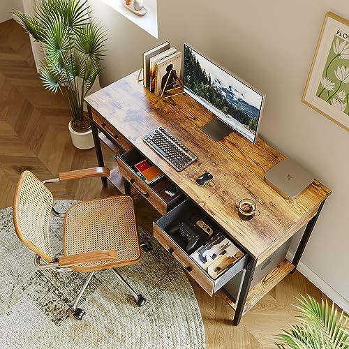 CubiCubi 47 Inch Computer Desk with Fabric Drawers and Storage Shelfs, Small Office Home Desk, Study Writing Table, Modern Simple Desk, Rustic Brown