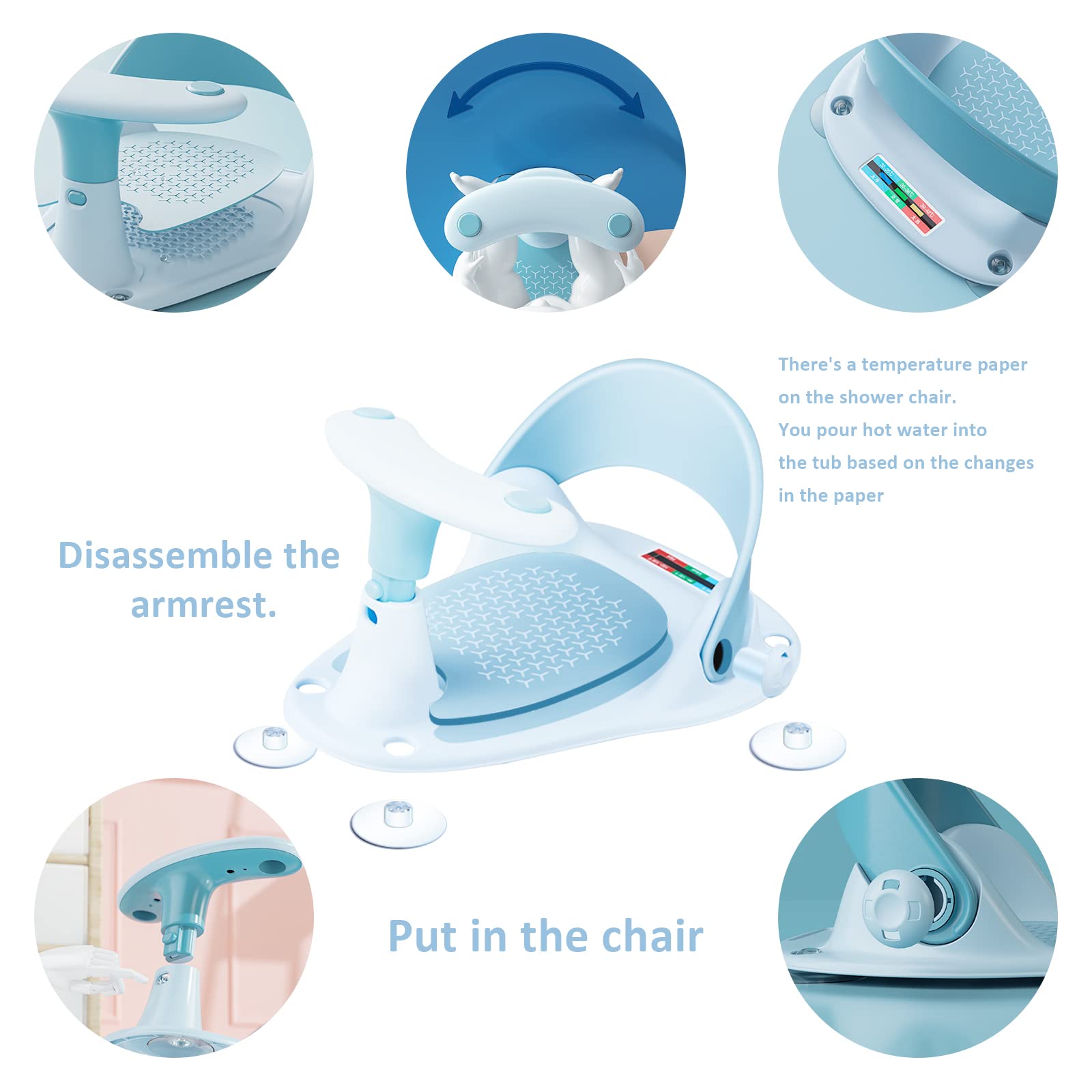 Baby Bath Seat [Original] – 3 Bath Toys + Shower Cap + Bath Brush + Thermometer + Rinse Cup – 4 Anti-Slip Suction Cups – Soft Silicone Cushion – Foldable Design – Ideal Gift for Infants 6-36 Months!