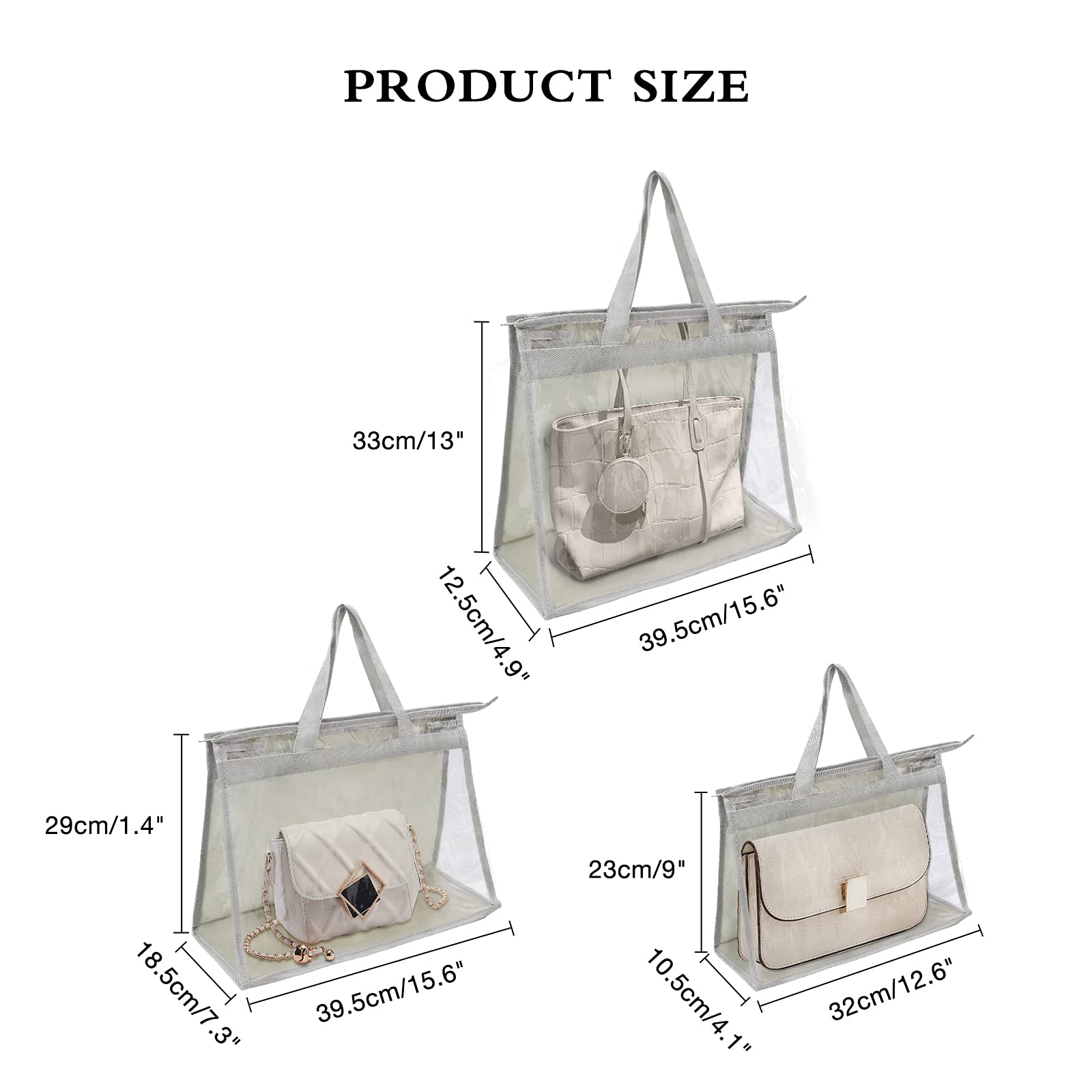 QEQRUG Handbag Storage Bags, 3 Pcs Dust Cover Bag for Hanging Closet, Transparent Purse Storage Organizer Bag with Zipper and Handle for Handbags Anti-dust (Grey)