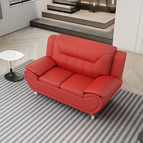 Container Furniture Direct Michael Modern Faux Leather Upholstered Stainless Steel Legs Living Room Loveseat, Red