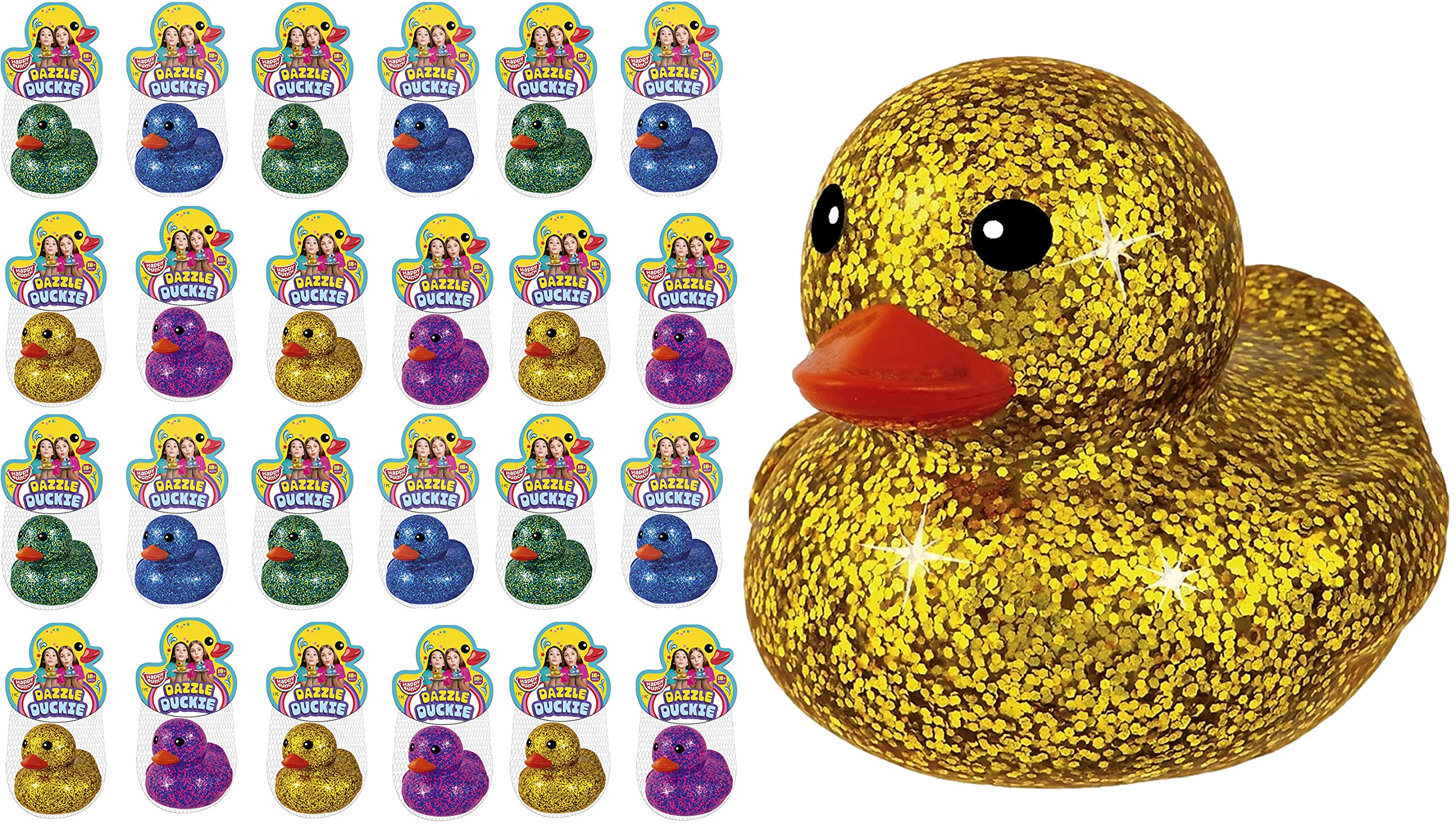 JA-RU Glitter Rubber Ducks Metallic Colors 3" (24 Unit Assorted) Fidget Toy for Kids, Sensory Play, Stress Relief, Stocking Stuffers, Supplies Pinata Filler in Bulk. Plus Sticker. 4343-24s