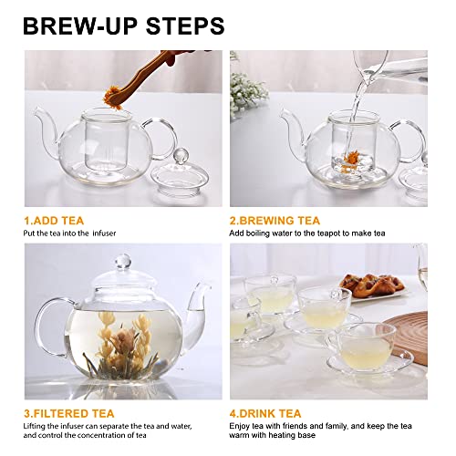 Glass Teapot Set, 40OZ/1200ml Stovetop Safe Glass Tea Kettle with Removable Infuser & Tea Warmer, Tea Cups and Saucers Set of 4, Blooming Tea & Loose Leaf Tea Maker Set for Women