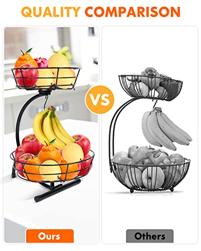 covsus 2 Tier Countertop Fruit Basket Bowl with Banana Hanger for Kitchen Counter, Wire Fruit Stand Holder for Fruits Vegetable Storage, Black