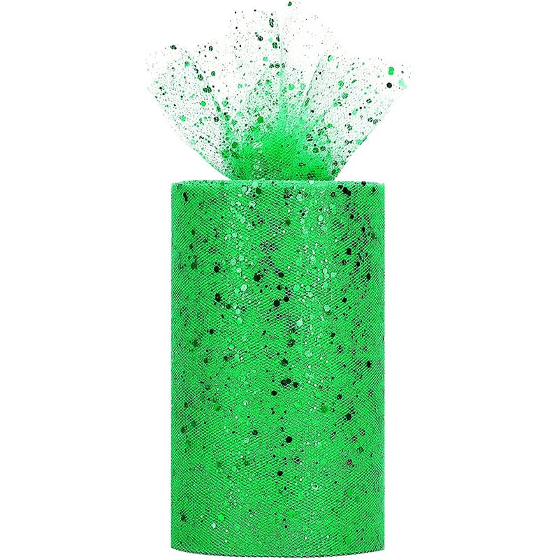 Glitter Tulle Rolls, 6” by 50 Yards (150FT) Sparkling Tulle Spool Ribbon Sequin Tulle Netting Fabric for Tutu Skirt Wedding Birthday Baby Shower (Green)
