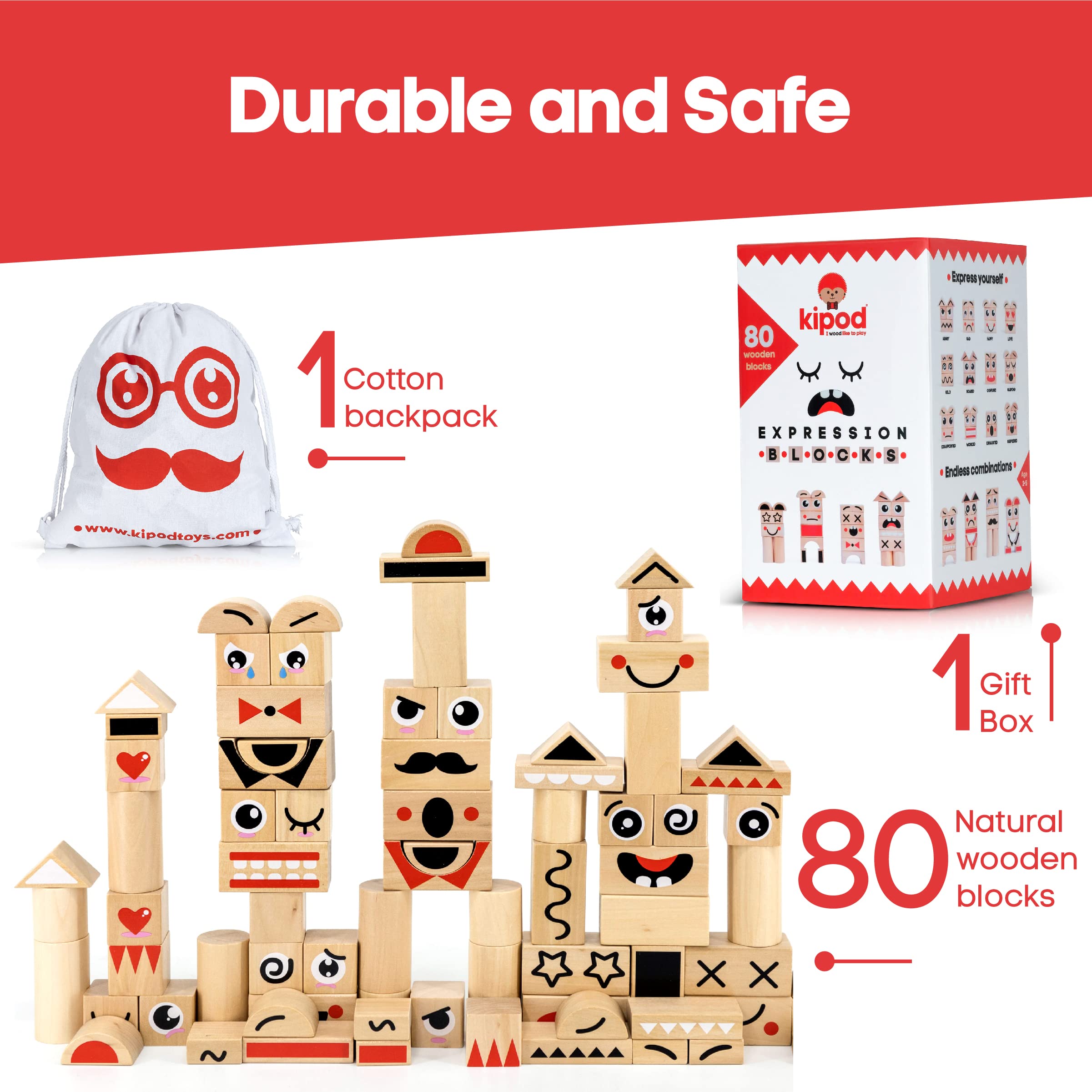 kipod Wooden Building Blocks Set for Kids (80Pcs) – Preschool Blocks Stacking Game – Construction and Matching for Emotional Development and Fine Motor Skills - Montessori Toy 2-8 Years